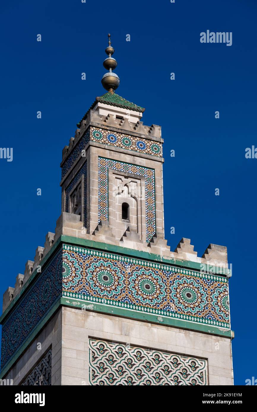 Top of the 33 meter tall minaret of the Grand Mosque of Paris, France ...