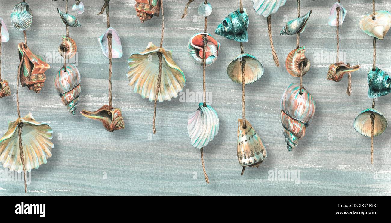 Seashells on strings are different, on a turquoise background of ...