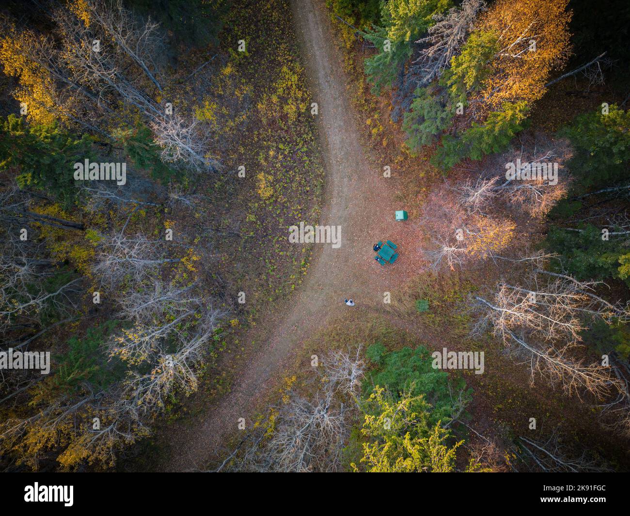 A top view of a bench and a trail near Devon, Alberta, Canada Stock ...