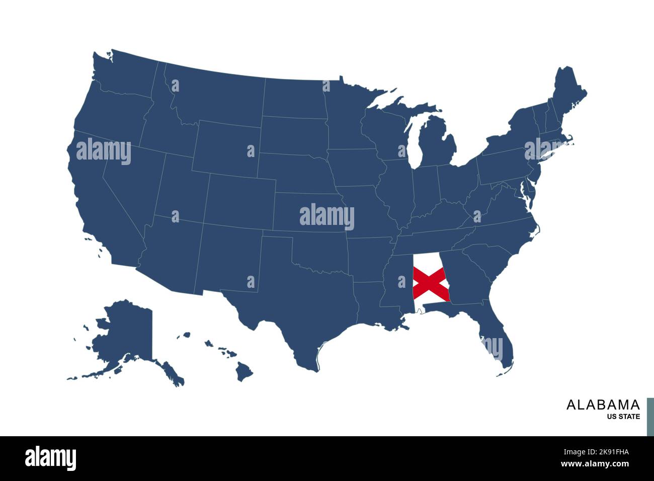 State of Alabama on blue map of United States of America. Flag and map ...
