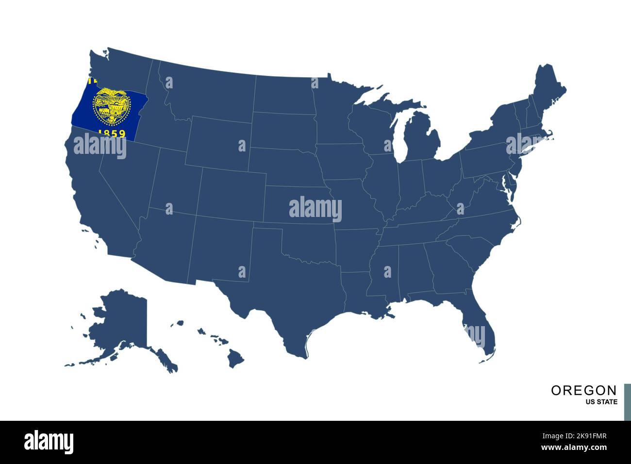 State of Oregon on blue map of United States of America. Flag and map ...