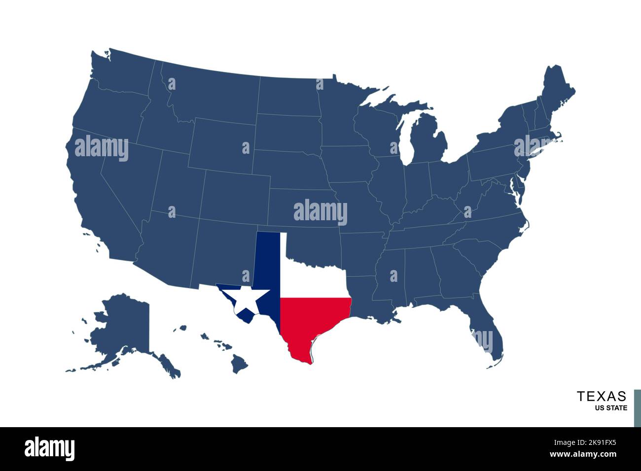 State of Texas on blue map of United States of America. Flag and map of ...