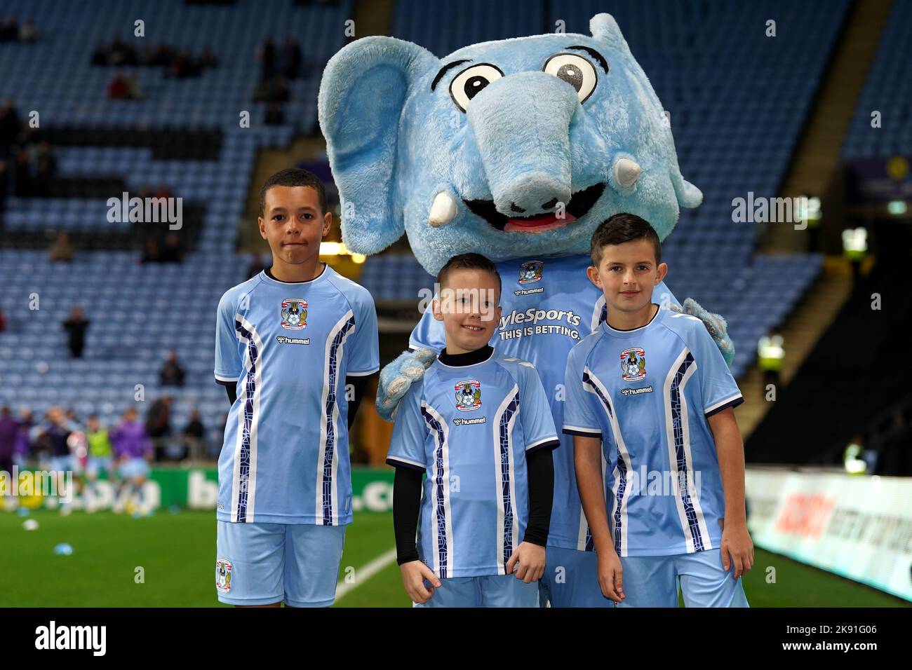 Coventry City mascots pose with Sky Blue Sam ahead of the Sky Bet ...