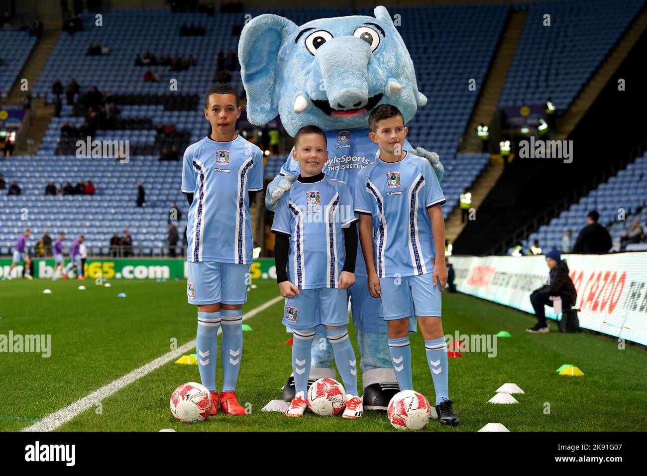 Coventry City mascots pose with Sky Blue Sam ahead of the Sky Bet ...