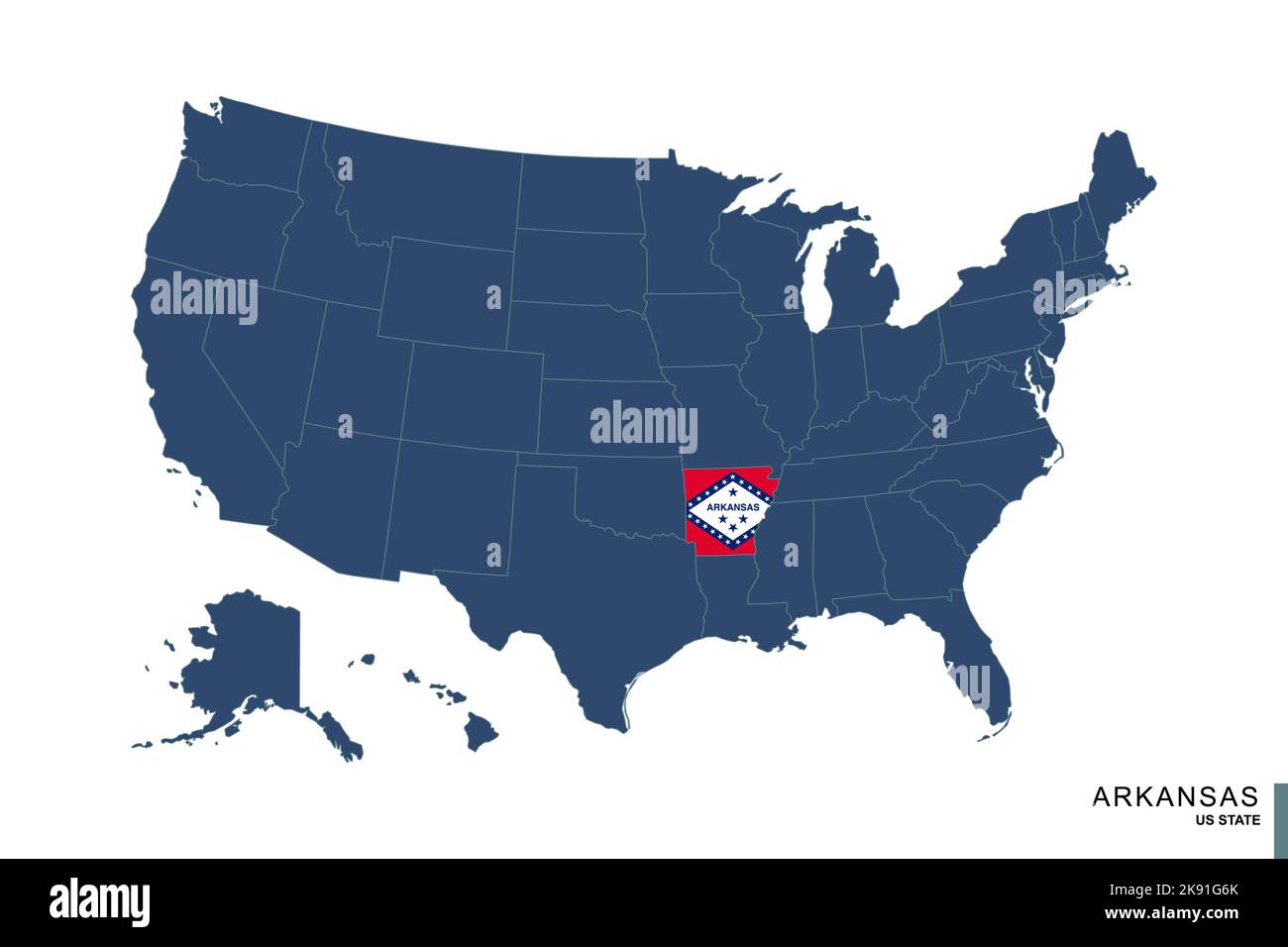 State of Arkansas on blue map of United States of America. Flag and map ...