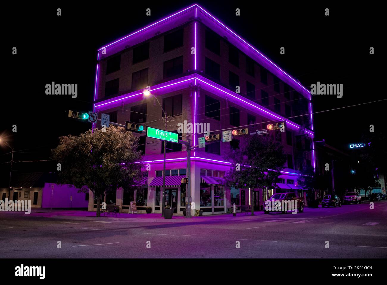 The purple led lit building in downtown, Sherman, Texas Stock Photo - Alamy