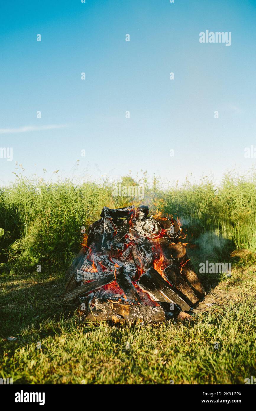 A vertical of a midsummer solstice bonfire, traditional Latvian summer ...