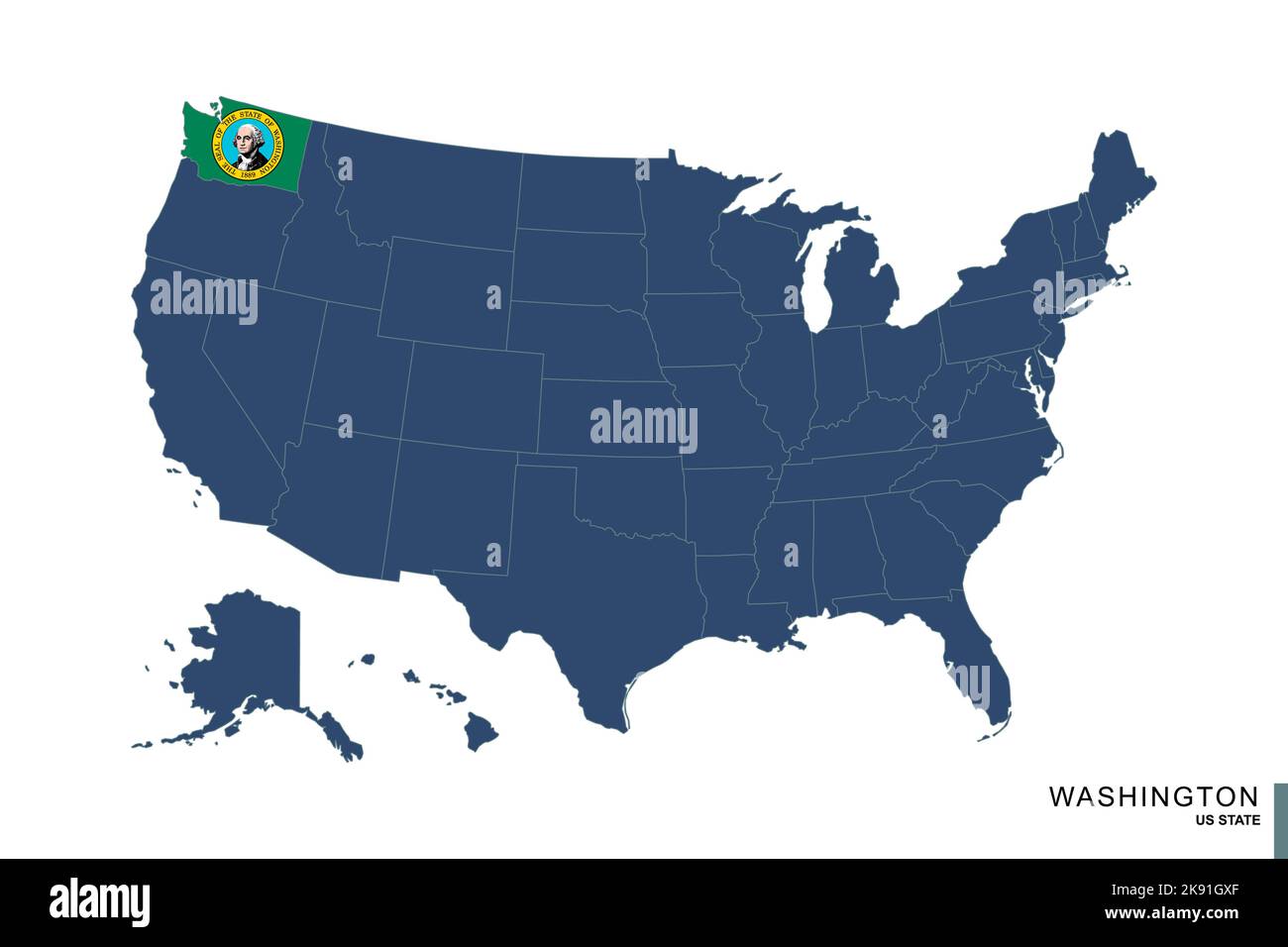 State of Washington on blue map of United States of America. Flag and ...