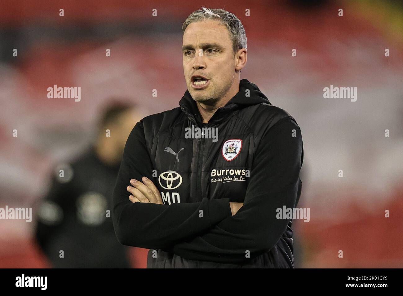 Michael Duff manager of Barnsley FC during the pre-game warmup before ...