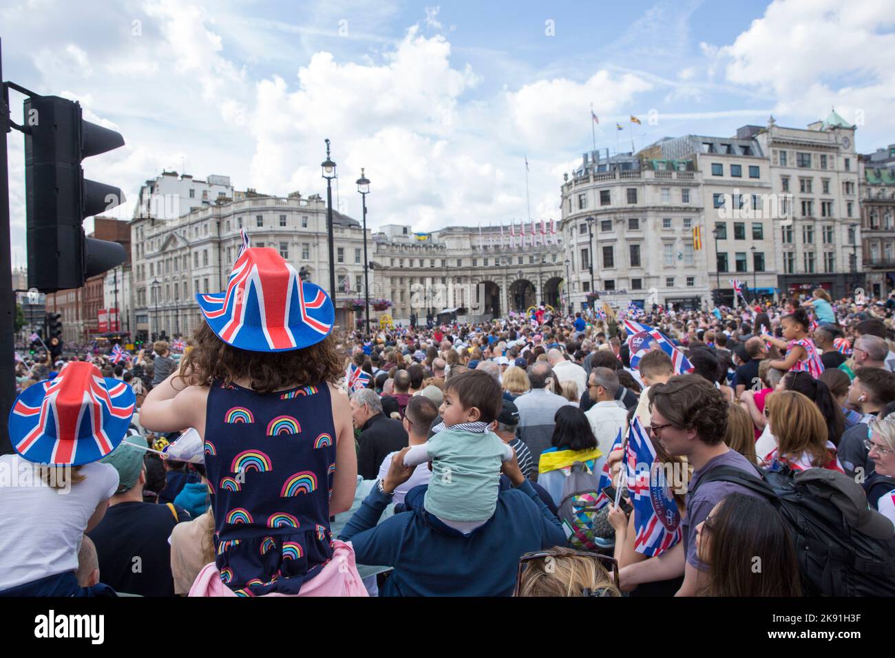 Revellers with Union flags gather in Trafalgar Square, central London ...