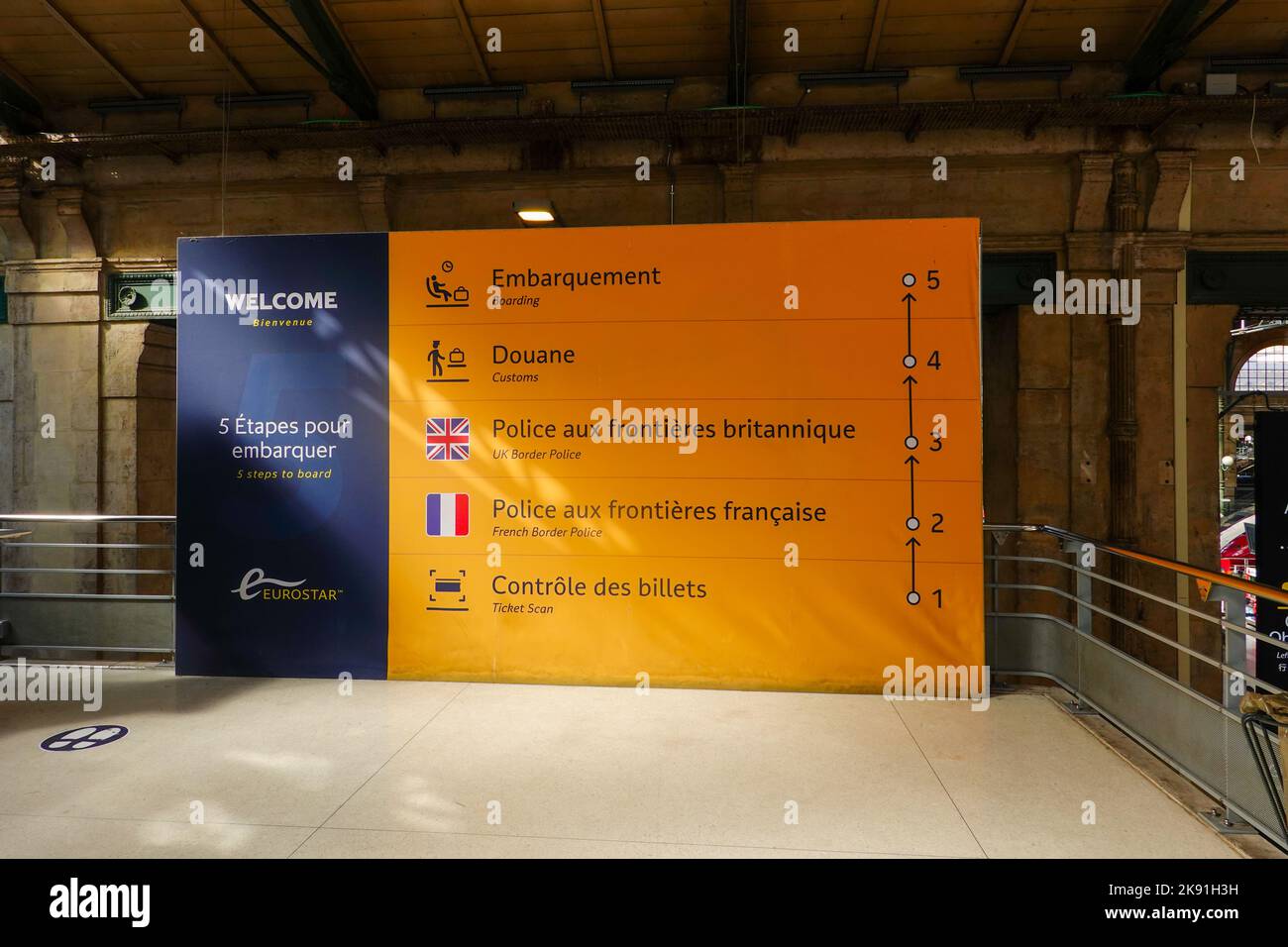 Eurostar "five steps to board" sign for travel to London from Paris ...