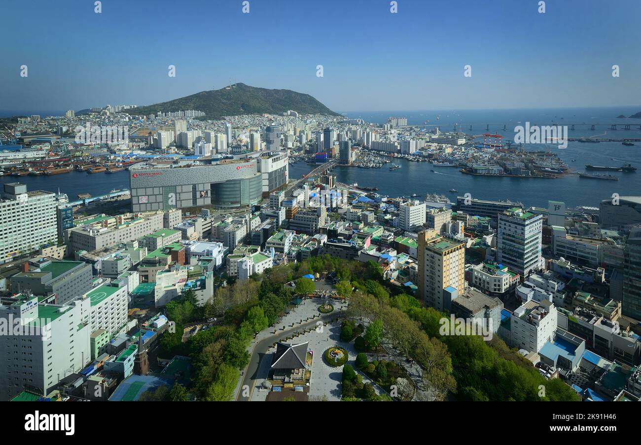 A bird's eye view of modern skyscrapers of Busan, South Korea against ...