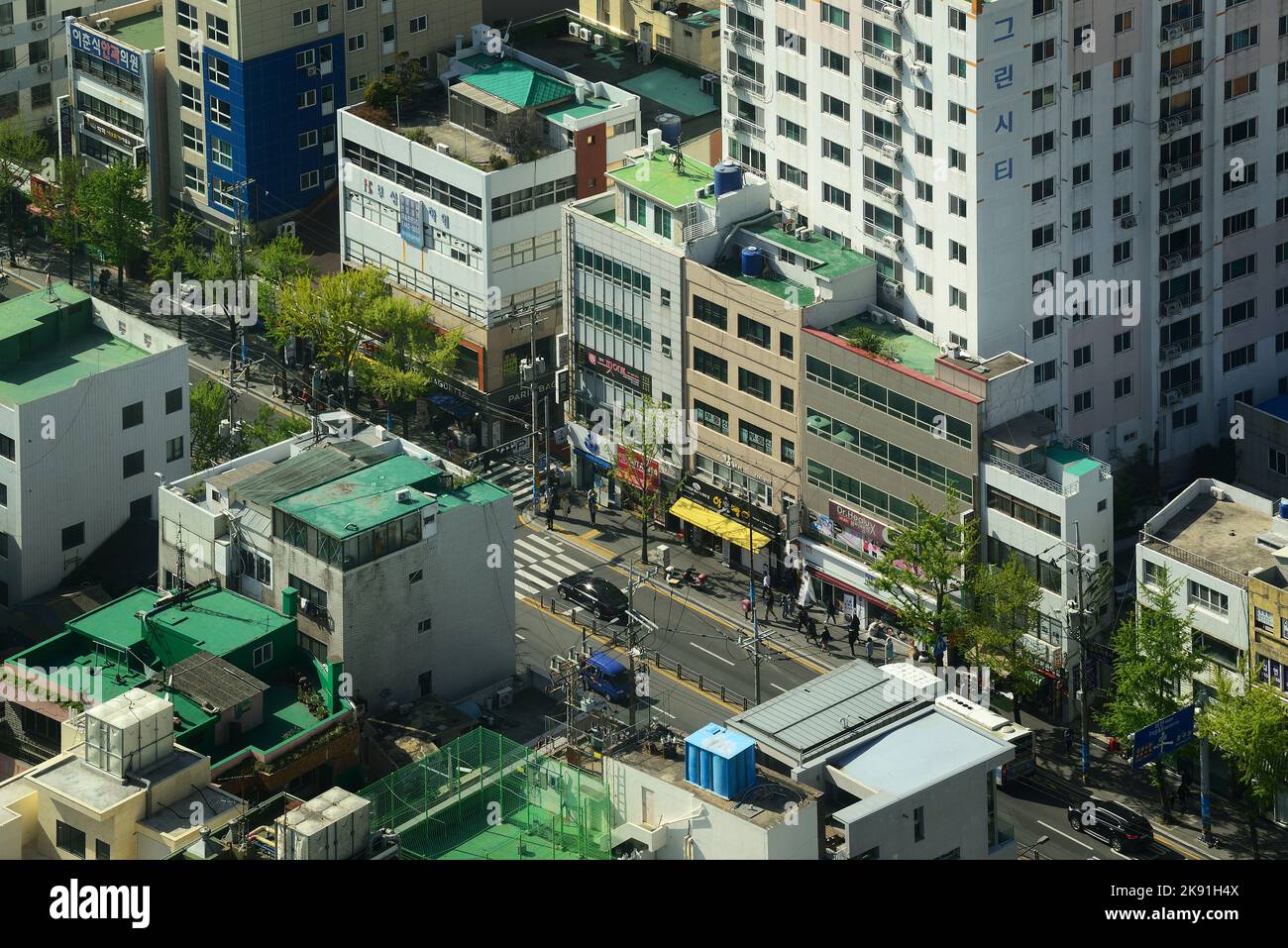 A bird's eye view of modern skyscrapers in downtown Busan, South Korea ...