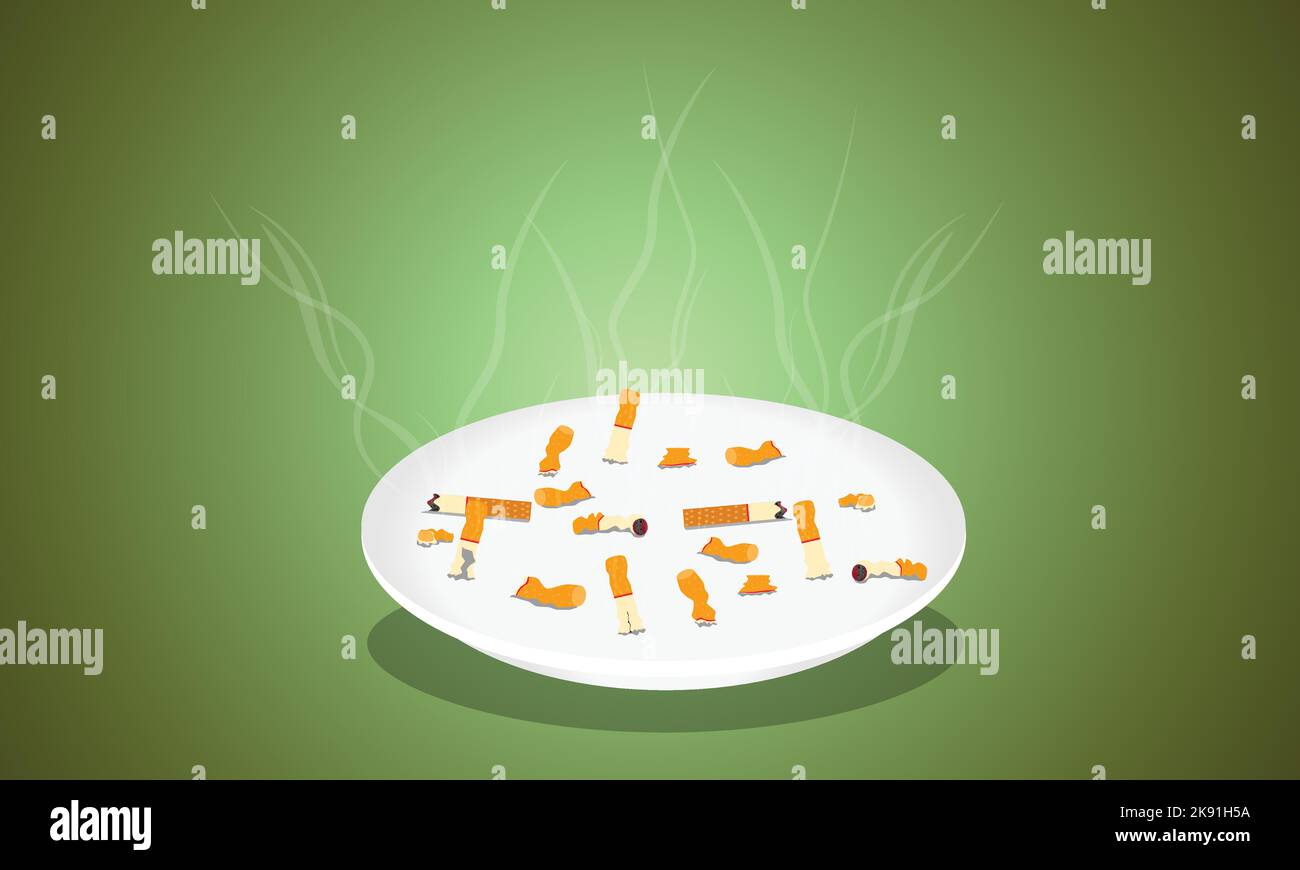 A cigarette stub in a white plate on a green background, an unhealthy ...