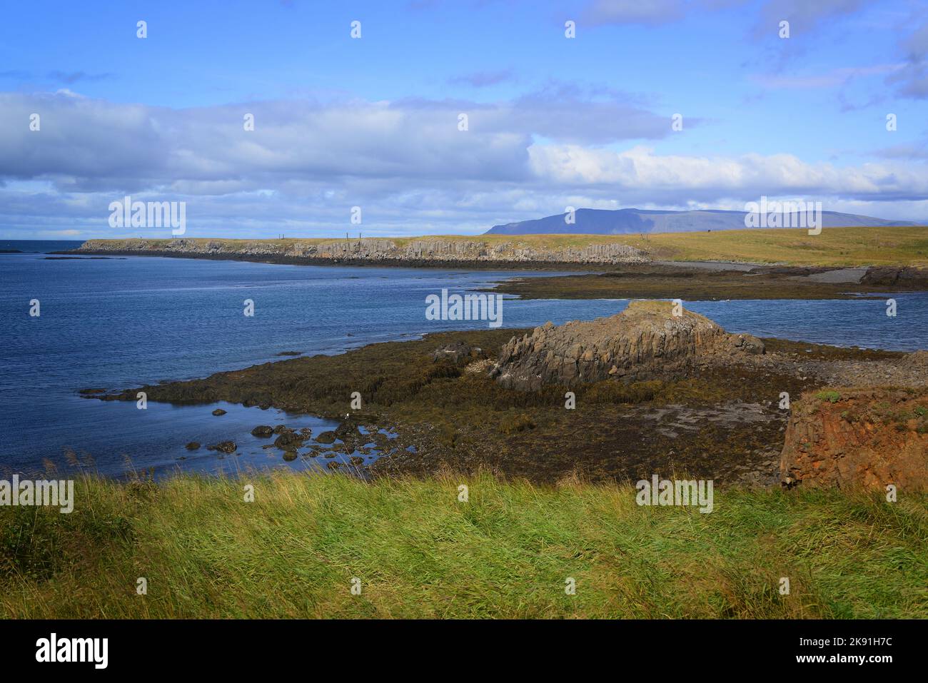 A scenic view of Videy Island on a lake near Reykjavik, Iceland on a ...