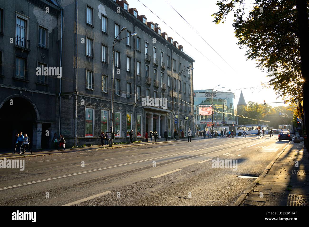 The view of people walking around the street side buildings and trees ...