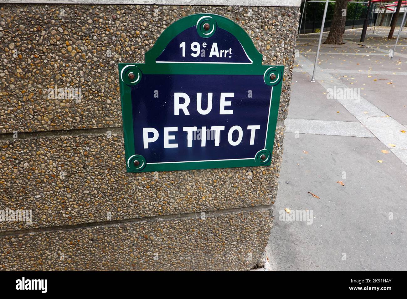 Paris street marker for rue Petitot, in the Belleville section, 19th ...