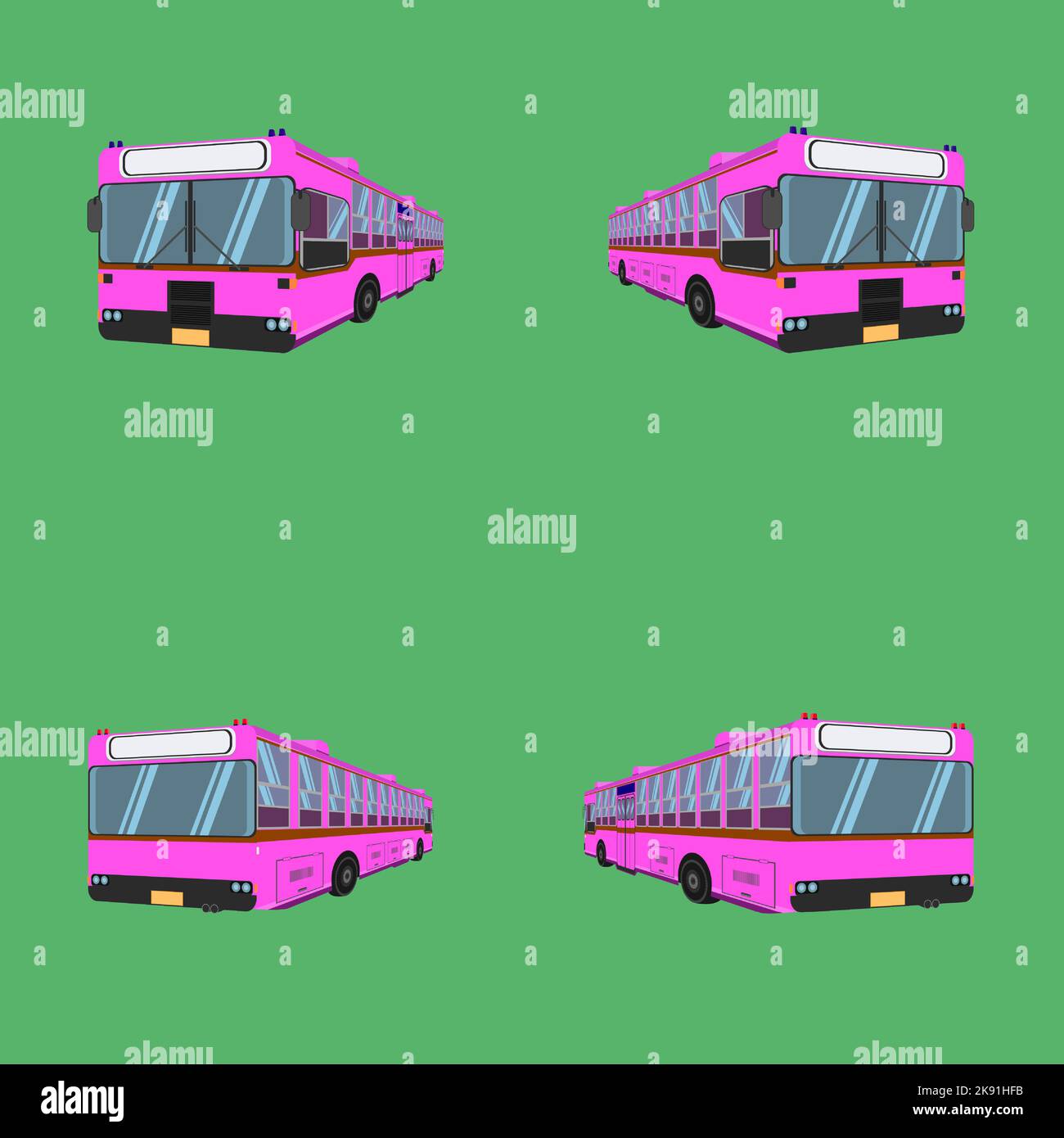 An illustration of four purple buses in different positions on a green ...