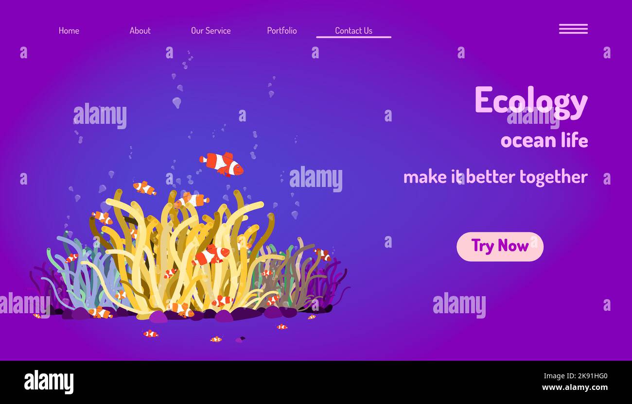 A landing page website template with underwater design of ecology ocean life on a purple ...