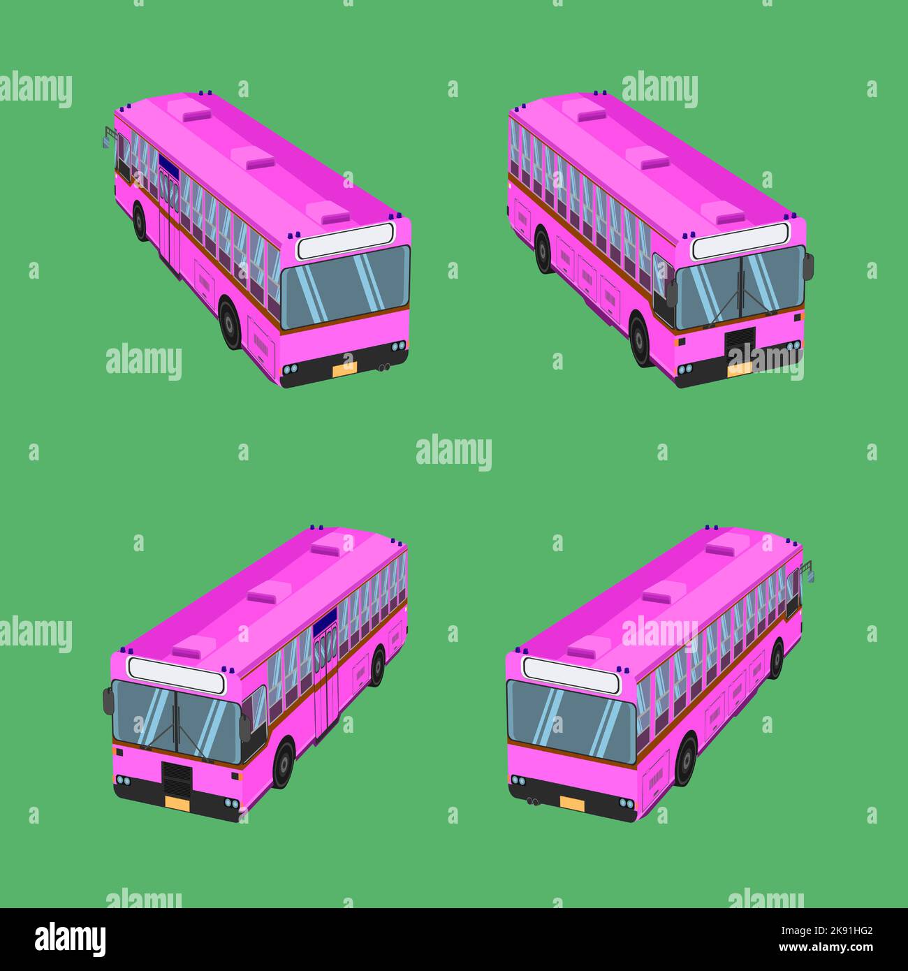 An illustration of four buses in different positions on a green ...