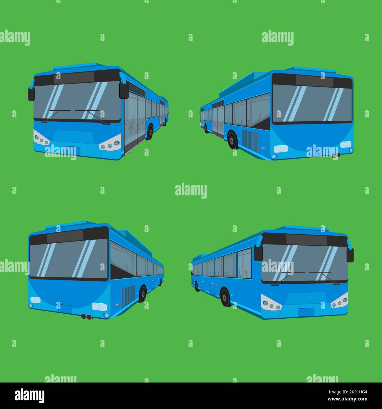 An illustration of four blue buses in different positions on a green ...