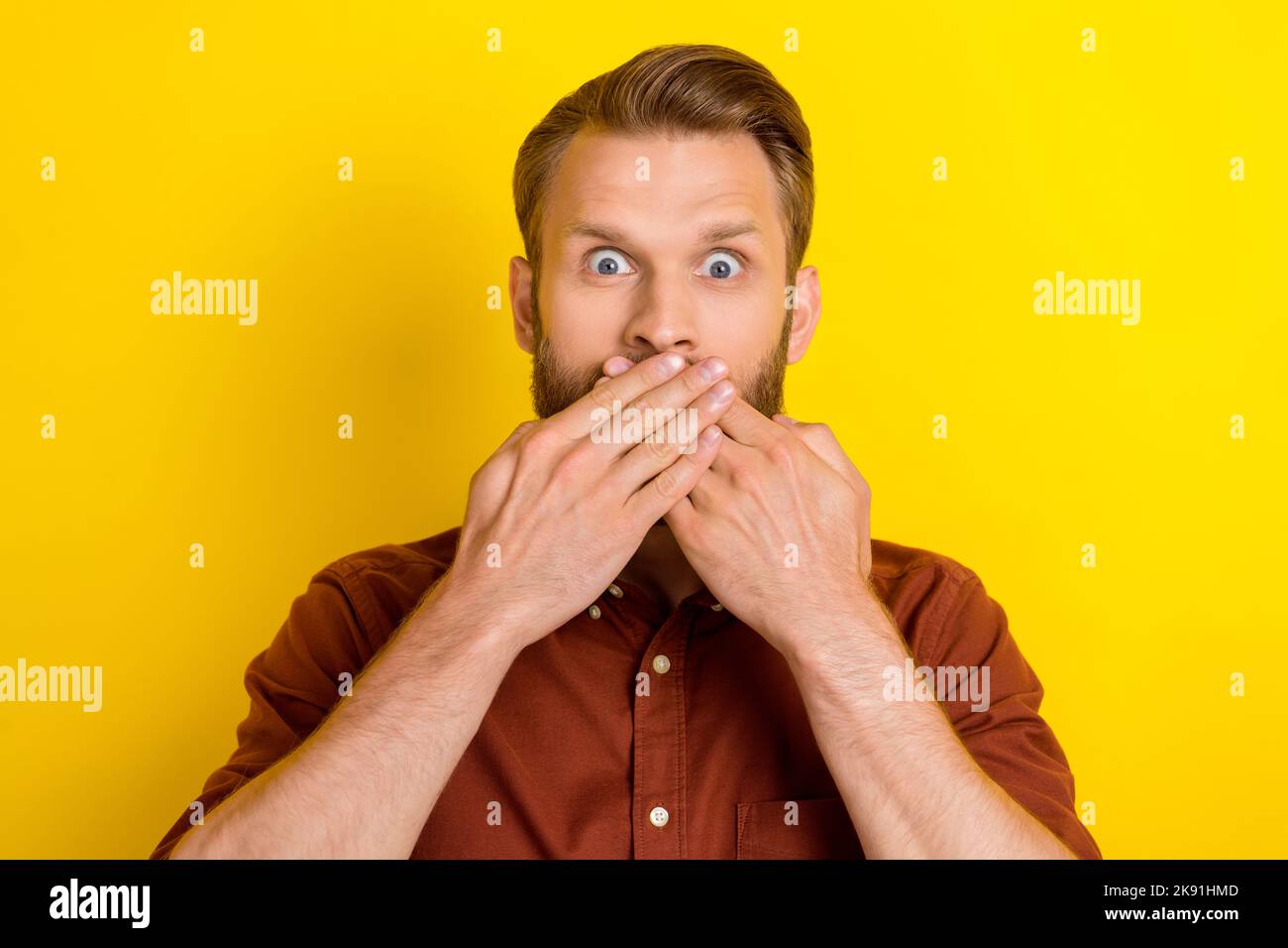 Close up photo of impressed man arm lips unexpected unbelievable ...