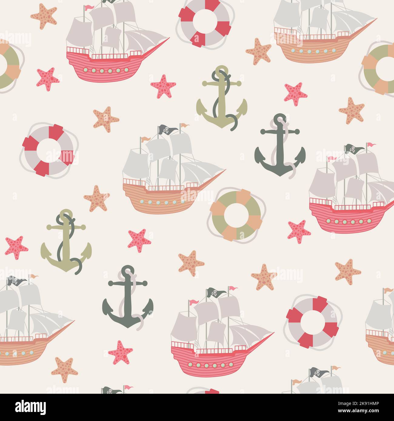 Vector seamless pattern with ship, anchor, lifebuoy.Underwater cartoon ...