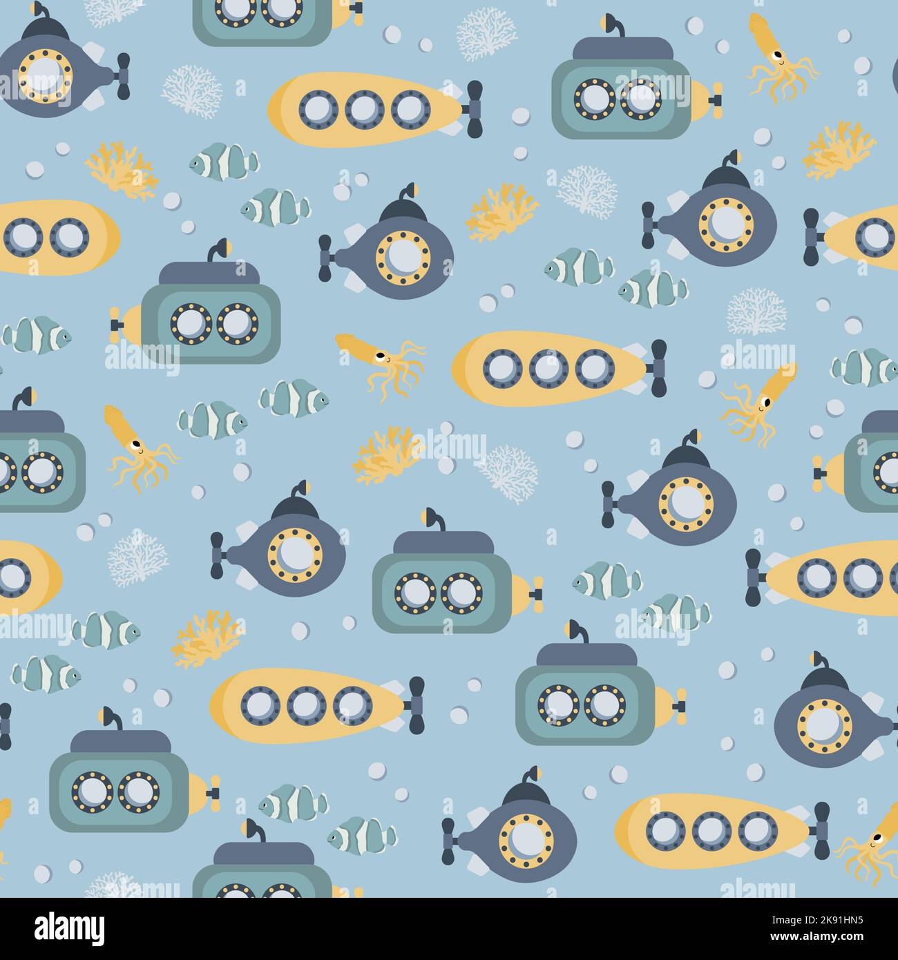 Vector seamless pattern with submarine, clownfish, squid, algae ...