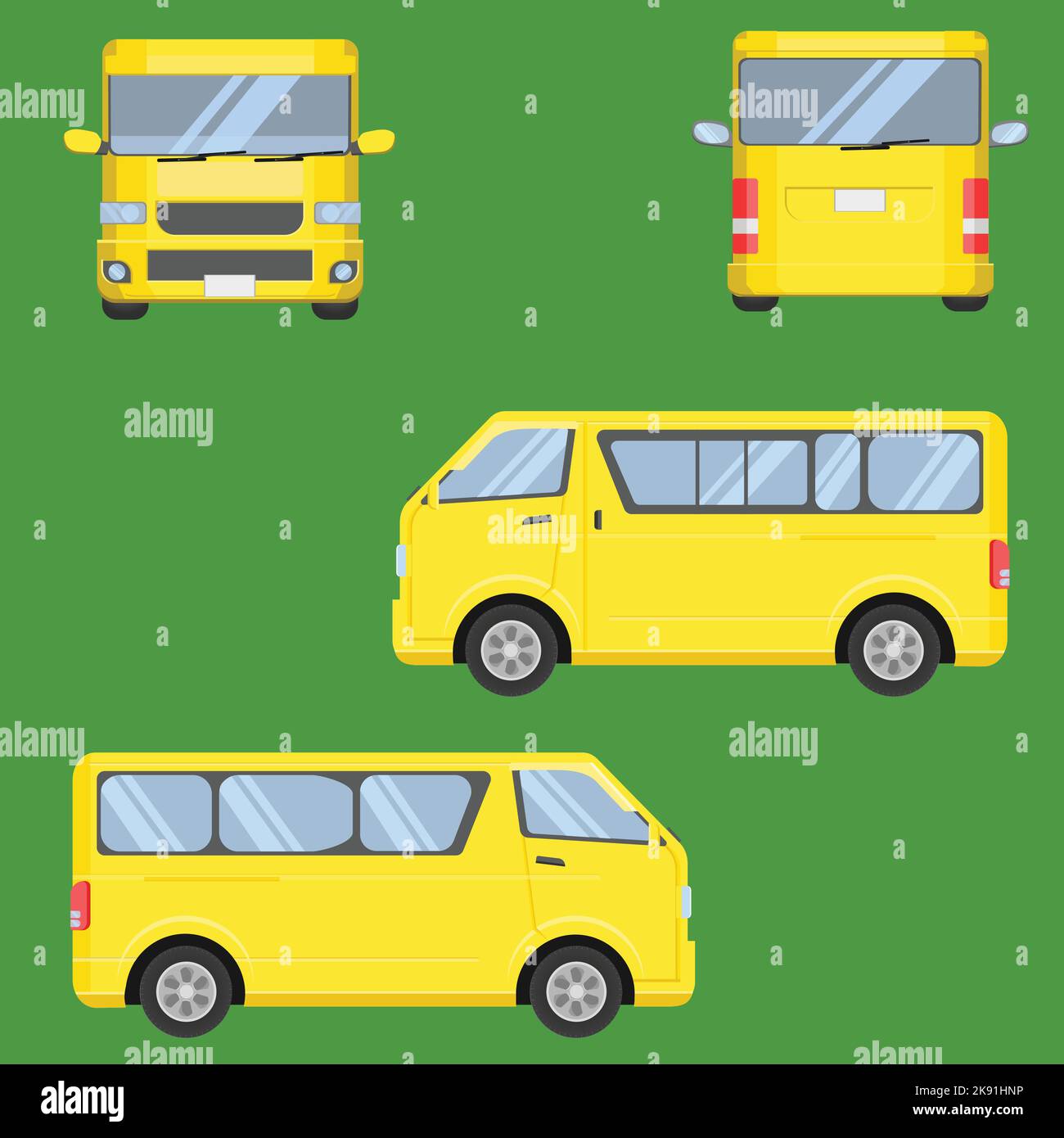 An illustration of four buses in different positions on a green ...