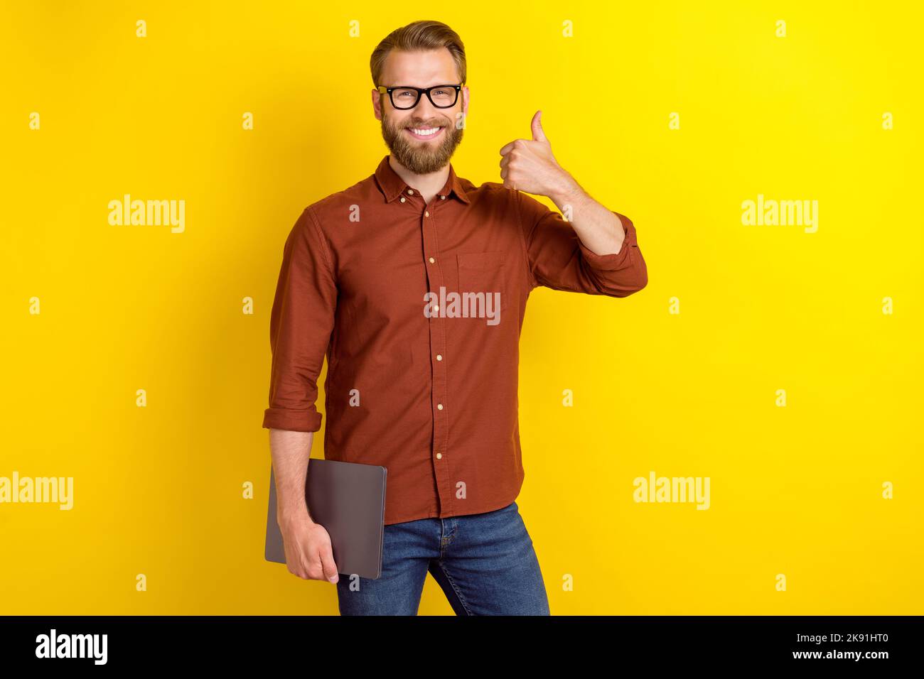 Photo of nice good looking man dressed stylish outfit hand demonstrates ...