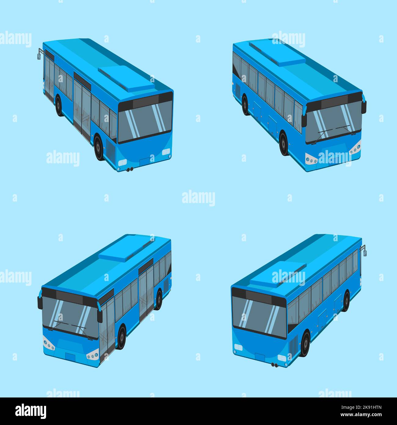 An illustration of four buses in different positions on a blue ...