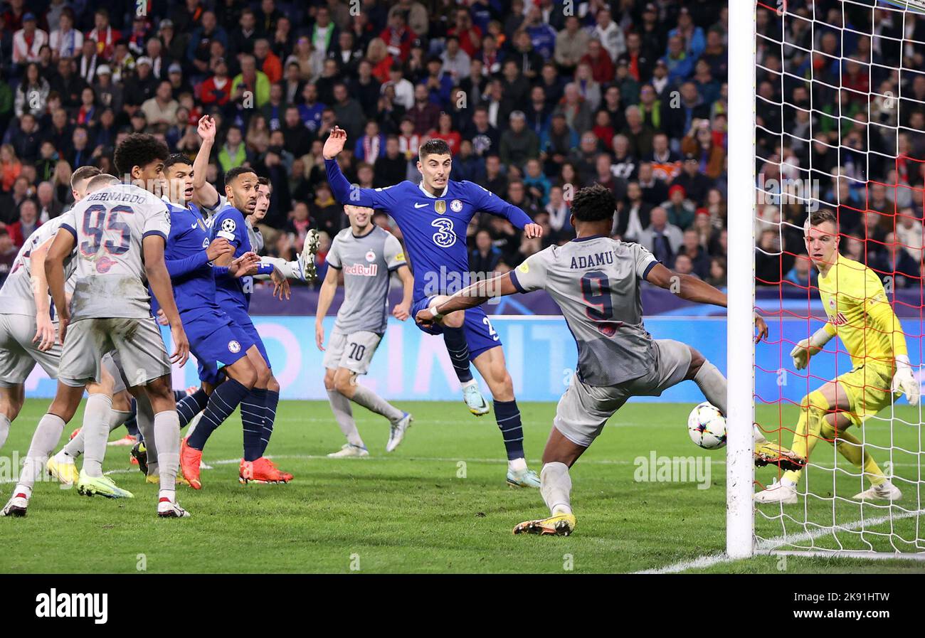 Chelsea's Kai Havertz sees his shot blocked by RB Salzburg's Junior ...