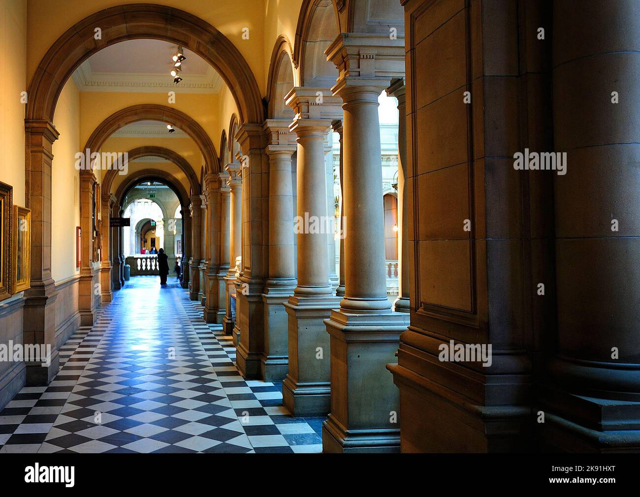 An inside closeup of a long corridor in Kelvingrove art gallery and ...