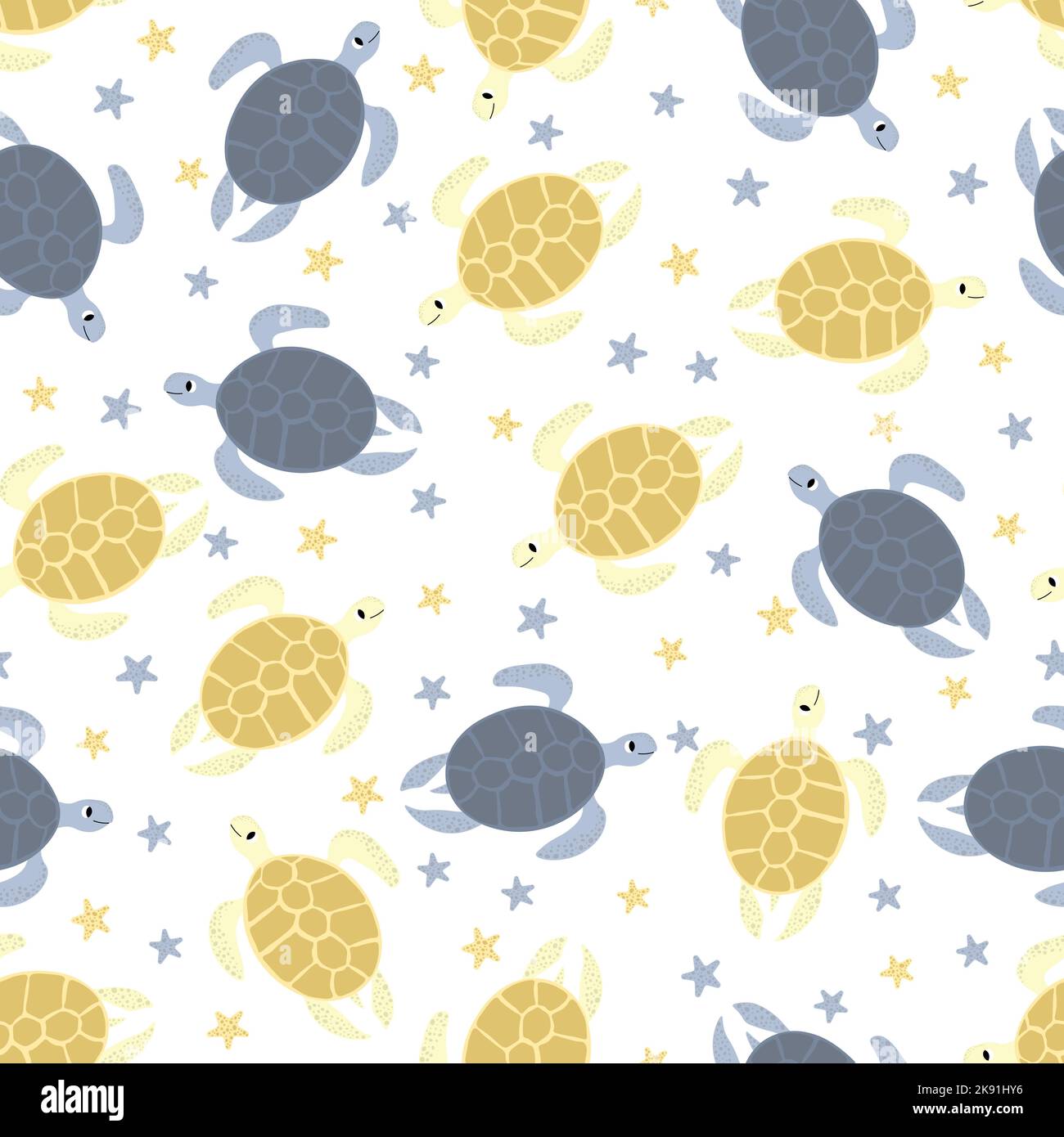 Vector seamless pattern with turtle.Underwater cartoon creatures.Marine ...