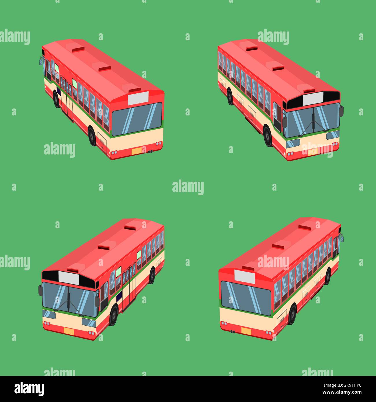 An illustration of four buses in different positions on a green ...