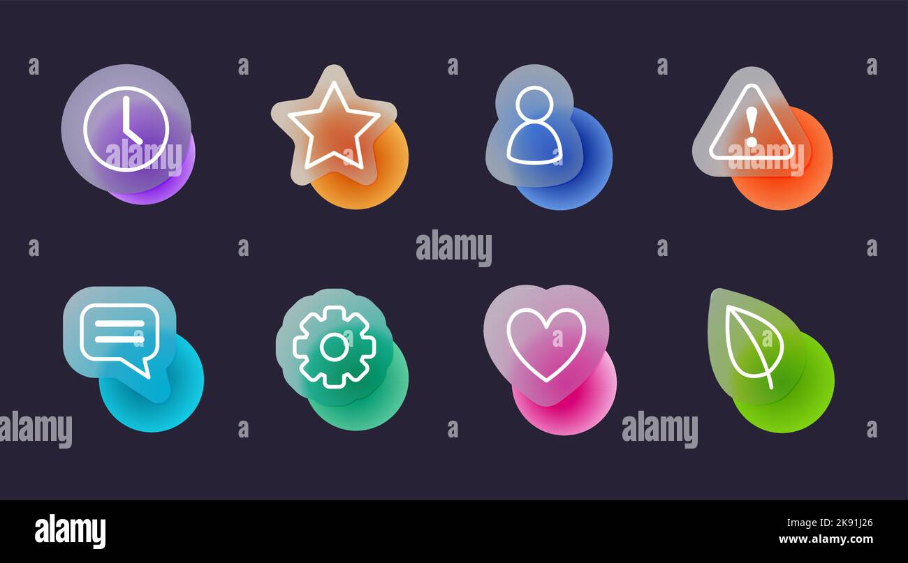 Basic icons set in glassmorphic style. Transparent blur glass effect ...