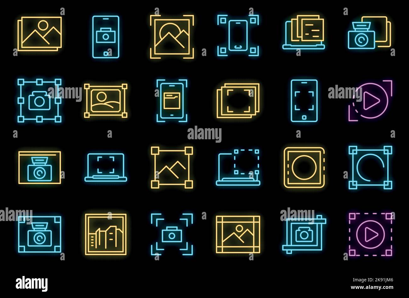 Screenshot icons set outline vector. Take app. Button camera neon color ...