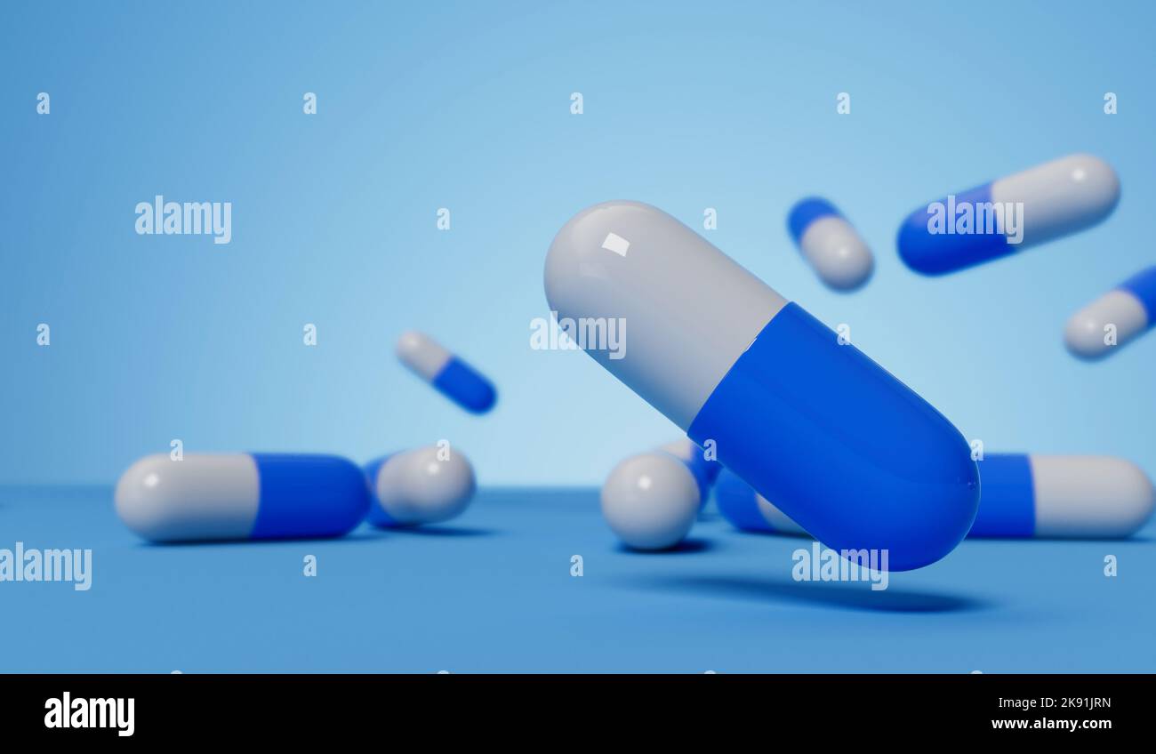 medical pill capsules on a blue background. Healthcare concept. 3D ...