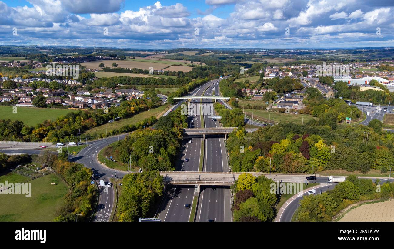 Aerial drone photo of the busy M1 motorway with three bridges crossing ...
