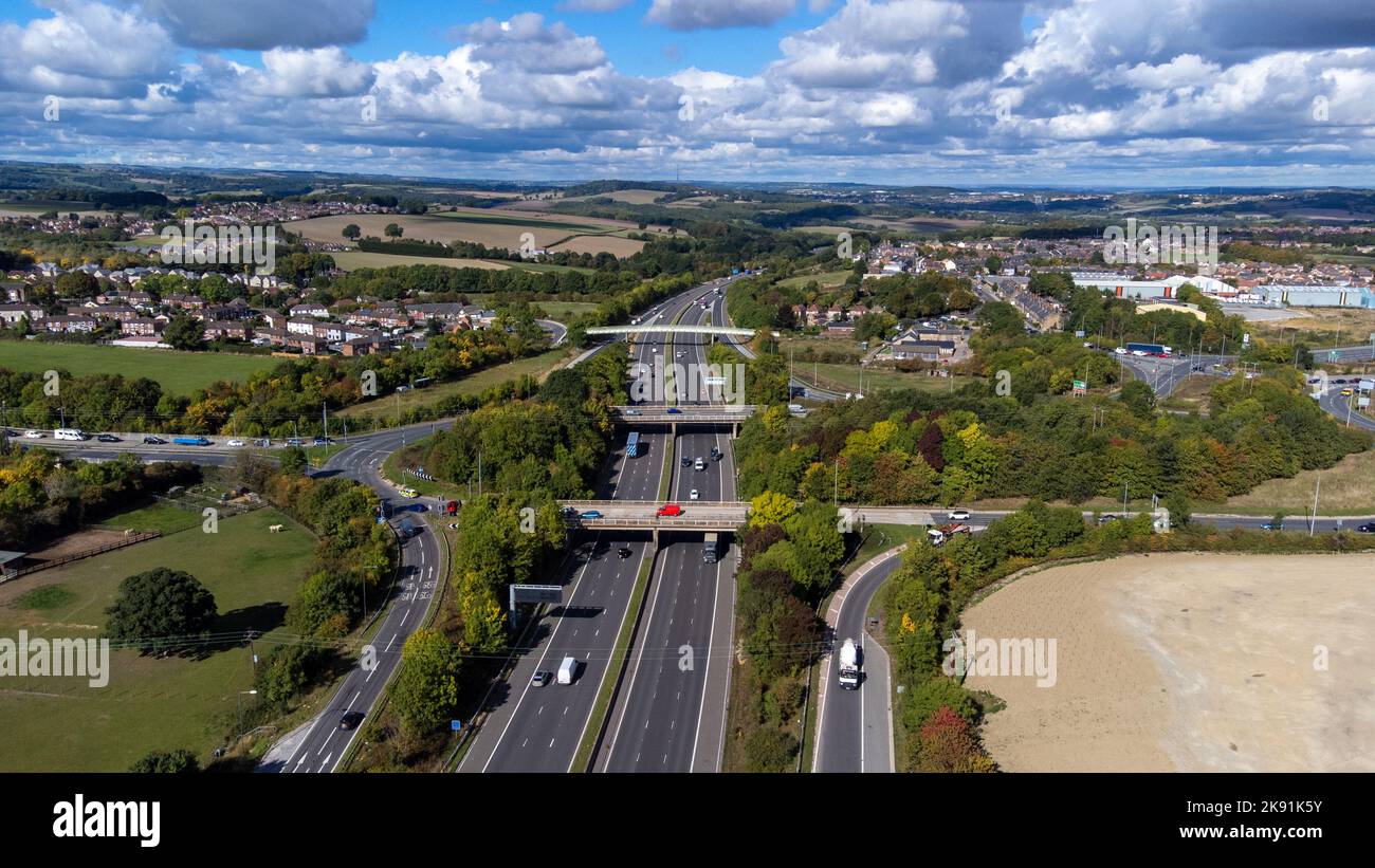 Aerial drone photo of the busy M1 motorway with three bridges crossing ...