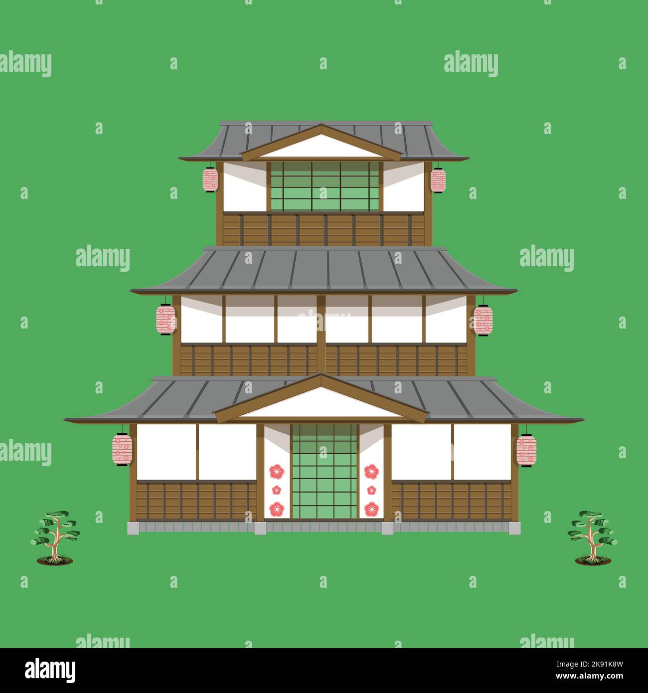 A vector illustration of a wooden three-floor Japanese house ...
