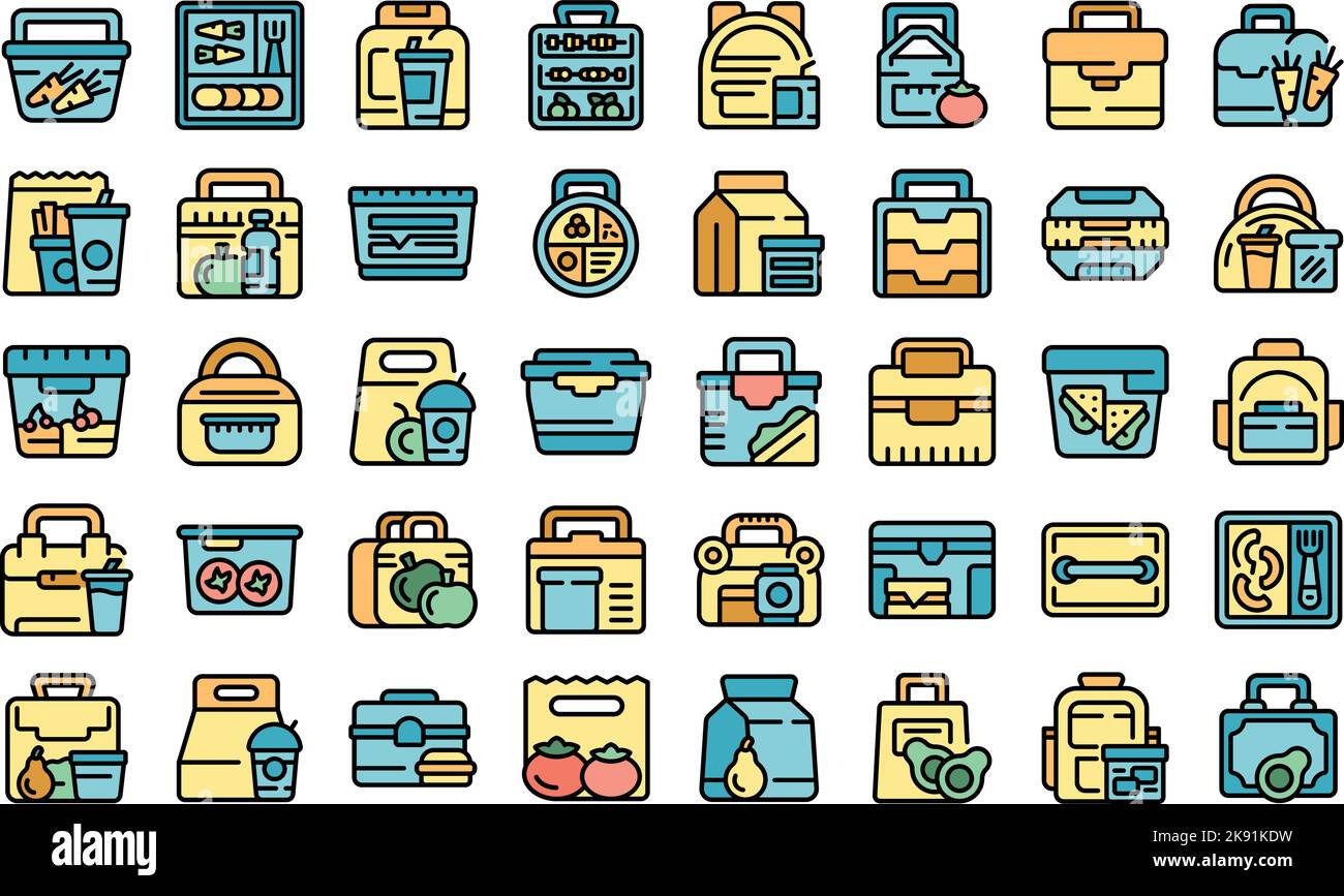 Kids lunch box icons set outline vector. Kid snack. Breakfast pack ...