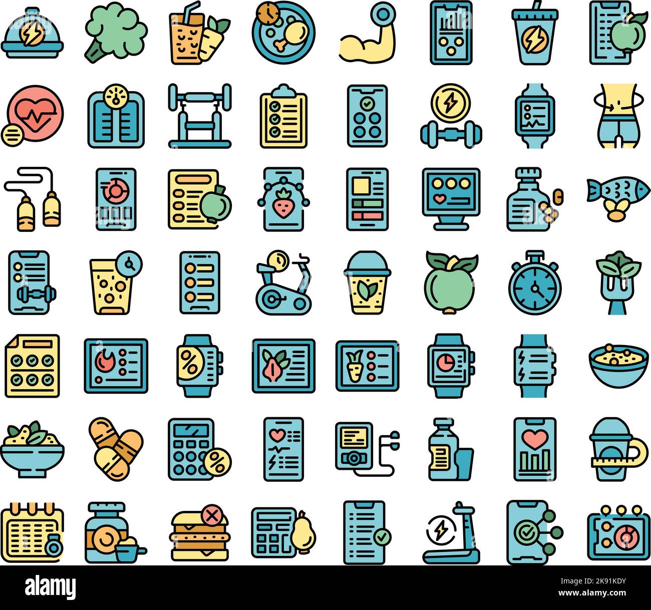 Diet app icons set outline vector. Fat plan. Body calorie color flat ...