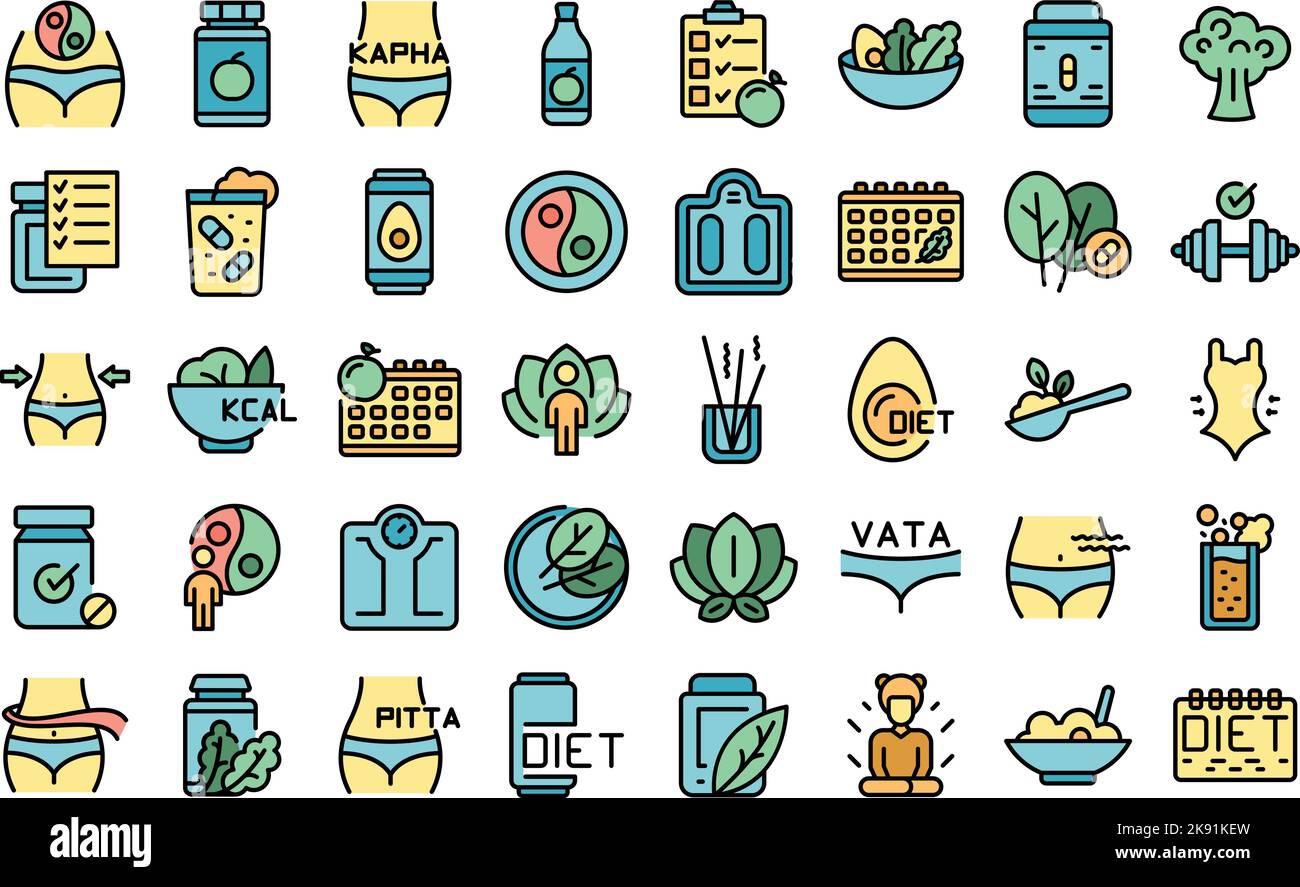Ayurvedic diet icons set outline vector. Food eating. Cooking ...