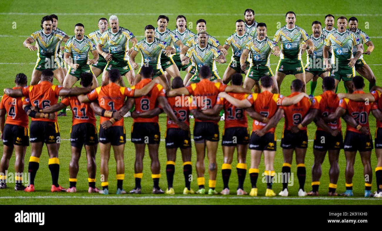 Cook Islands’ players perform the Maori Ura ahead of the Rugby League ...