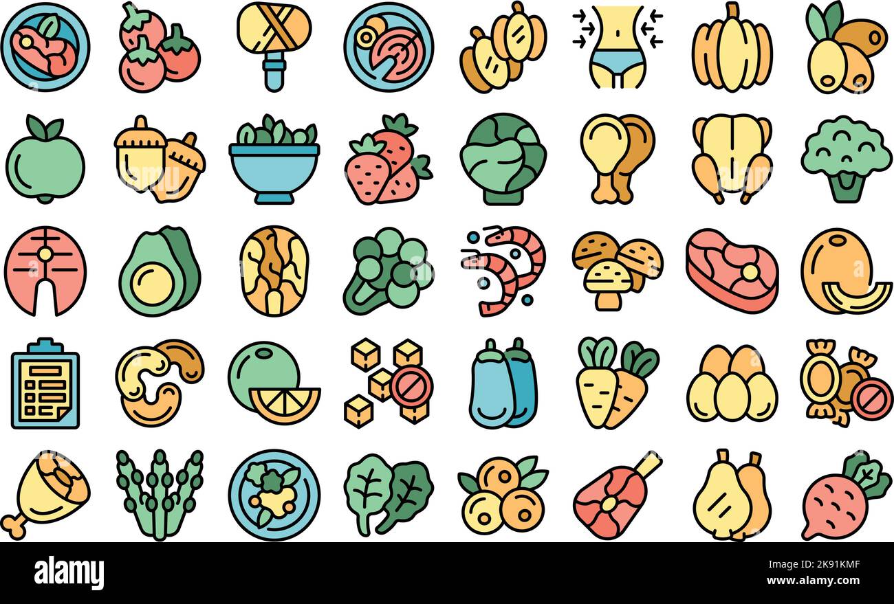 Paleo diet icons set outline vector. Seafood diet. Gluten health color ...