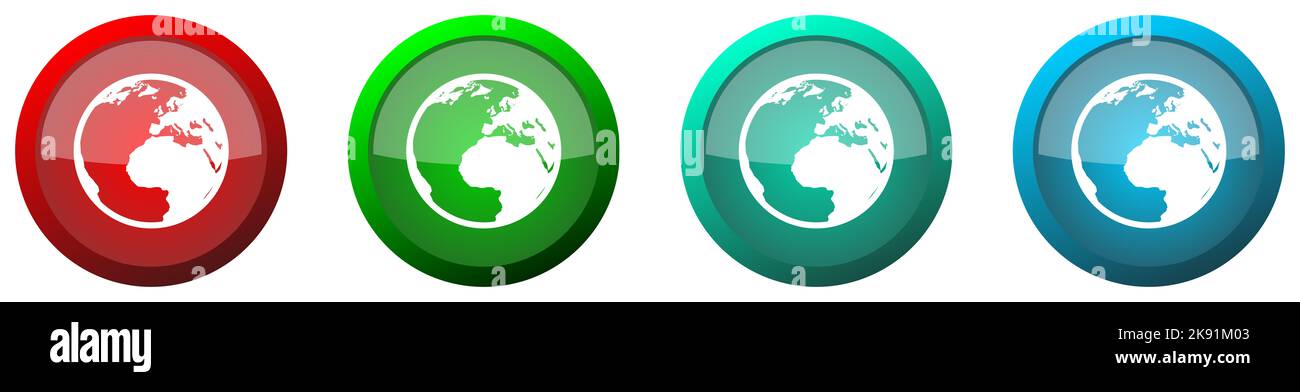 Earth round glossy web icon set, colorful buttons isolated on white ...