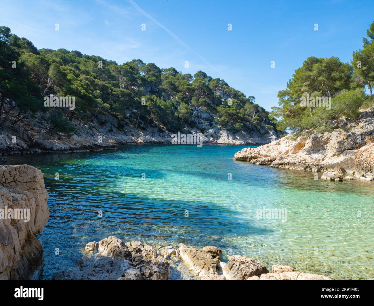 Calanques, France - May 19th 2022: Turquoise coloured water of a small ...