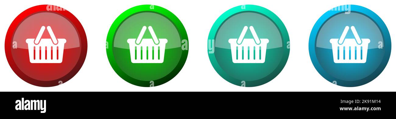 Shopping basket round glossy web icon set, colorful buttons isolated on ...
