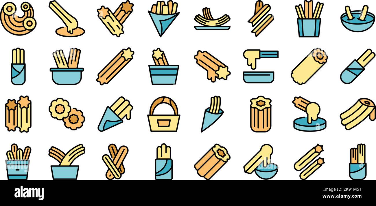 Churros icons set outline vector. Mexican chocolate. Churro food color ...